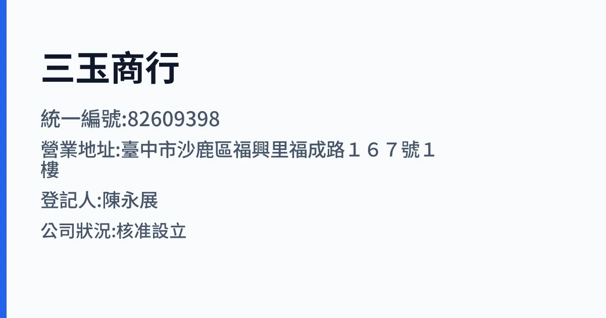 三玉商行 - 統編 82609398(臺中市) 公司登記資料與營業項目詳細圖表