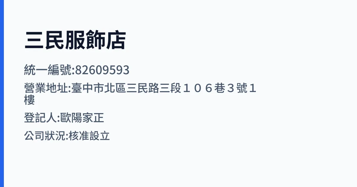 三民服飾店 - 統編 82609593(臺中市) 公司登記資料與營業項目詳細圖表