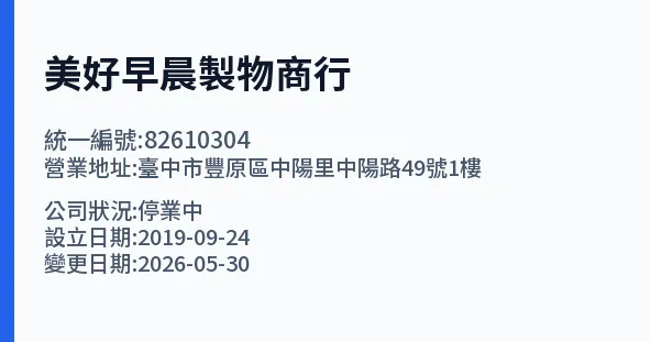 美好早晨製物商行的照片-統編 82610304(臺中市) 公司登記資料與營業項目詳細圖表