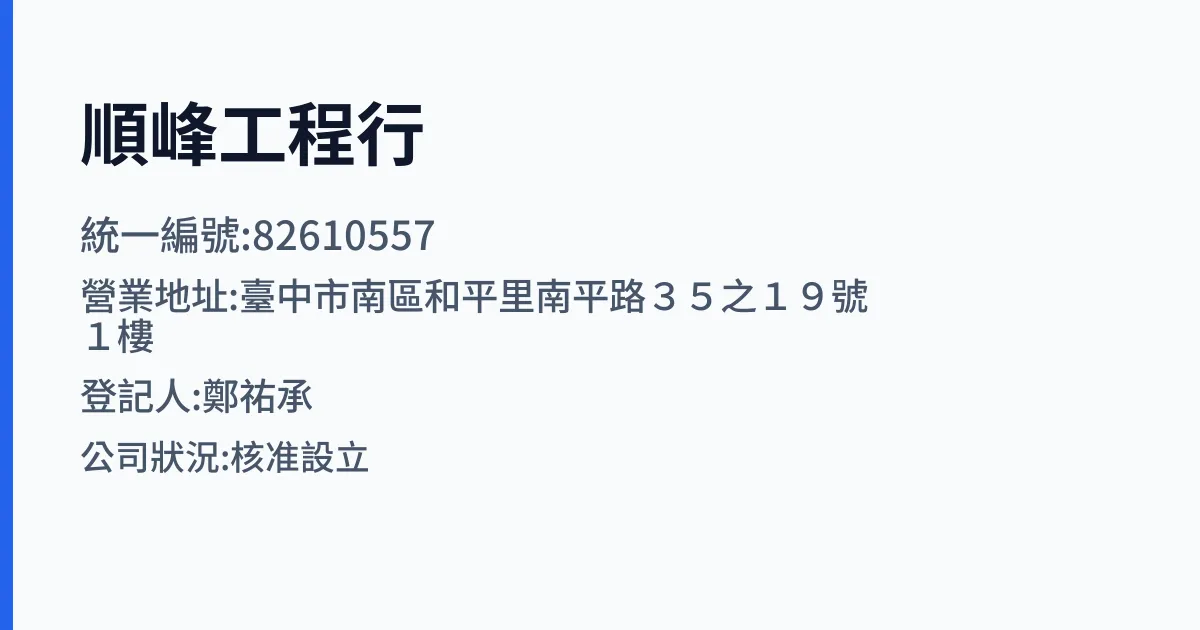 順峰工程行 - 統編 82610557（臺中市） 公司登記資料與營業項目詳細圖表