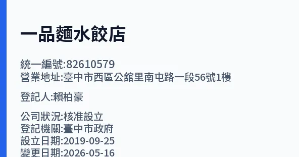 一品麵水餃店的照片-統編 82610579(臺中市) 公司登記資料與營業項目詳細圖表