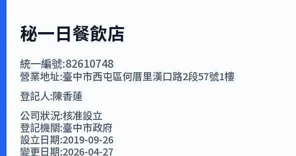 秘一日餐飲店的照片-統編 82610748(臺中市) 公司登記資料與營業項目詳細圖表