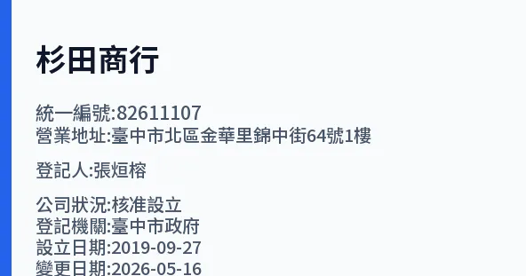 杉田商行的照片-統編 82611107(臺中市) 公司登記資料與營業項目詳細圖表