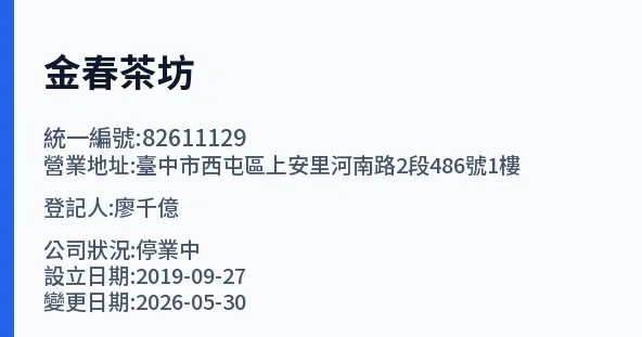 金春茶坊的照片-統編 82611129(臺中市) 公司登記資料與營業項目詳細圖表