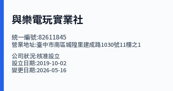 與樂電玩實業社的照片-統編 82611845(臺中市) 公司登記資料與營業項目詳細圖表