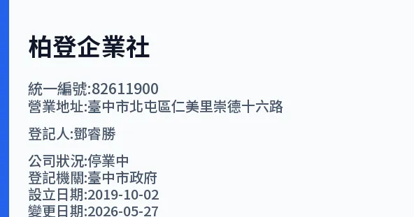 柏登企業社的照片-統編 82611900(臺中市) 公司登記資料與營業項目詳細圖表