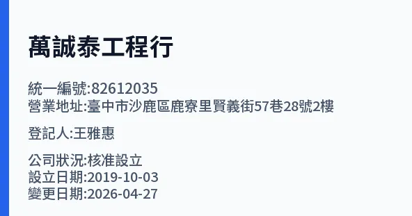 萬誠泰工程行的照片-統編 82612035(臺中市) 公司登記資料與營業項目詳細圖表