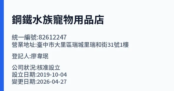 鋼鐵水族寵物用品店的照片-統編 82612247(臺中市) 公司登記資料與營業項目詳細圖表