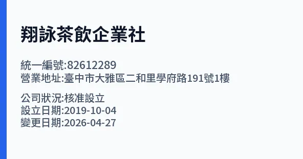 翔詠茶飲企業社的照片-統編 82612289(臺中市) 公司登記資料與營業項目詳細圖表