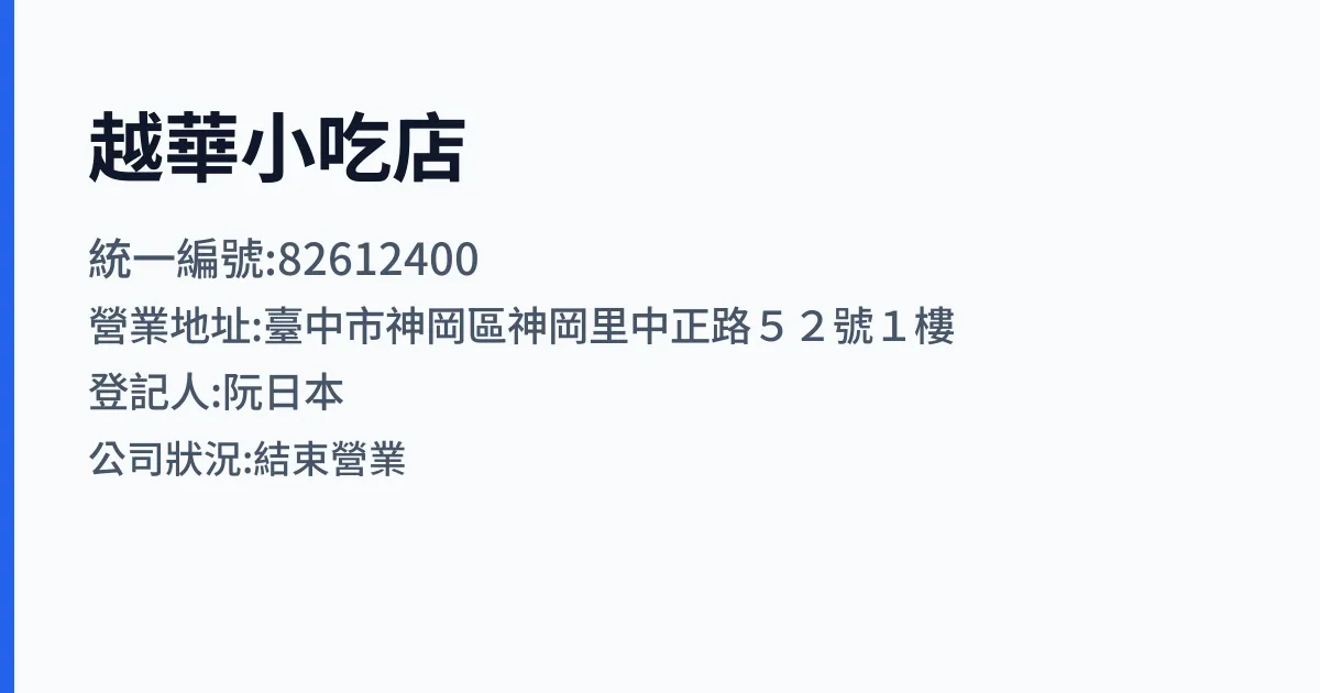 越華小吃店 - 統編 82612400(臺中市) 公司登記資料與營業項目詳細圖表