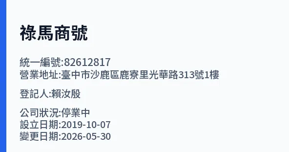 祿馬商號的照片-統編 82612817(臺中市) 公司登記資料與營業項目詳細圖表
