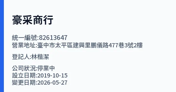 豪采商行的照片-統編 82613647(臺中市) 公司登記資料與營業項目詳細圖表