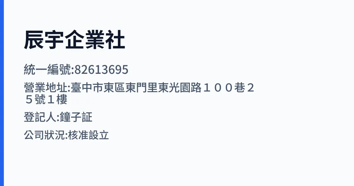 辰宇企業社 - 統編 82613695(臺中市) 公司登記資料與營業項目詳細圖表