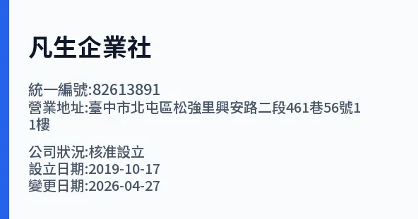 凡生企業社的照片-統編 82613891(臺中市) 公司登記資料與營業項目詳細圖表