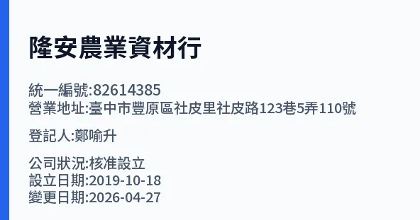 隆安農業資材行的照片-統編 82614385(臺中市) 公司登記資料與營業項目詳細圖表