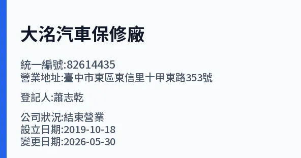 大洺汽車保修廠的照片-統編 82614435(臺中市) 公司登記資料與營業項目詳細圖表