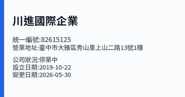 川進國際企業的照片-統編 82615125(臺中市) 公司登記資料與營業項目詳細圖表