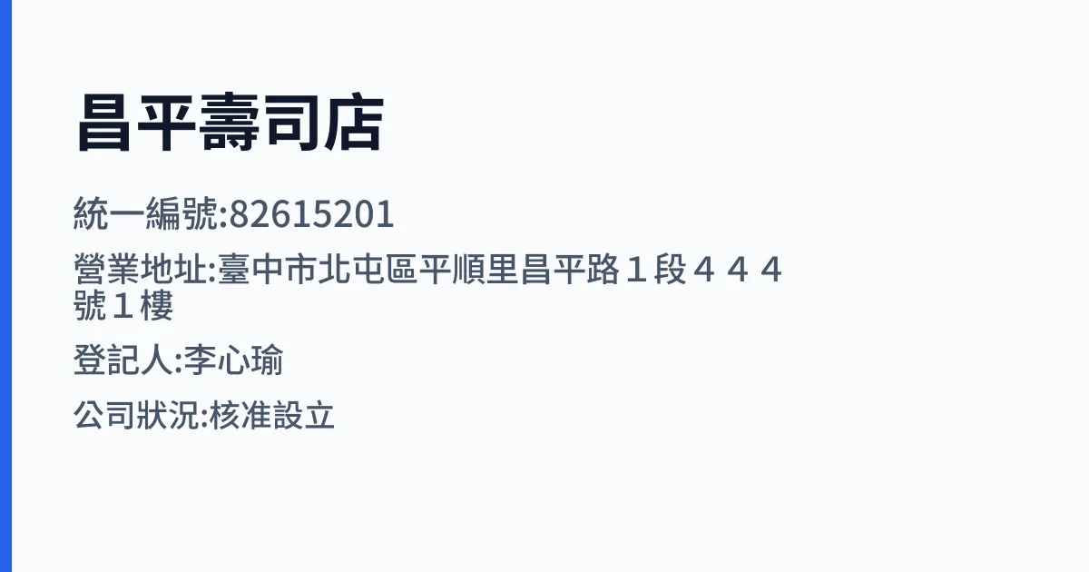 昌平壽司店 - 統編 82615201(臺中市) 公司登記資料與營業項目詳細圖表
