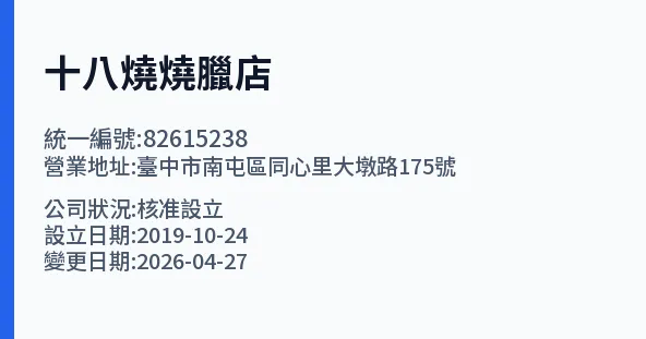 十八燒燒臘店的照片-統編 82615238(臺中市) 公司登記資料與營業項目詳細圖表