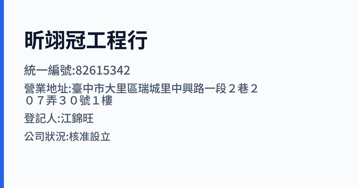 昕翊冠工程行 - 統編 82615342(臺中市) 公司登記資料與營業項目詳細圖表
