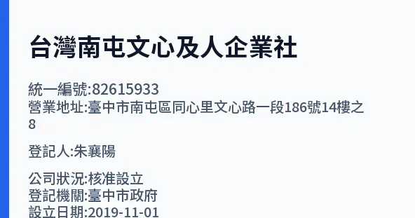 台灣南屯文心及人企業社的照片-統編 82615933(臺中市) 公司登記資料與營業項目詳細圖表