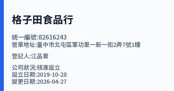 格子田食品行的照片-統編 82616243(臺中市) 公司登記資料與營業項目詳細圖表