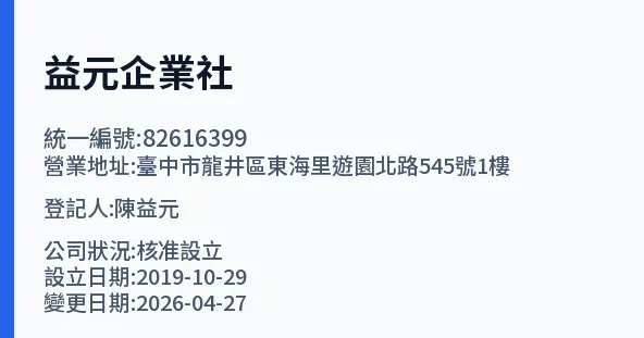 益元企業社的照片-統編 82616399(臺中市) 公司登記資料與營業項目詳細圖表