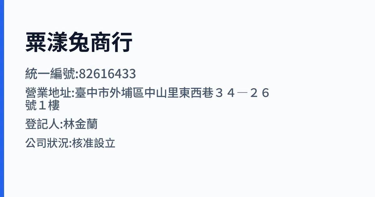 粟漾兔商行 - 統編 82616433(臺中市) 公司登記資料與營業項目詳細圖表