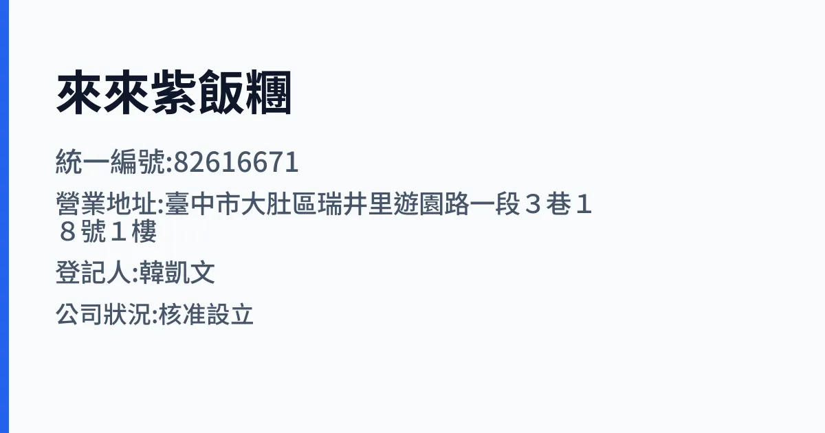 來來紫飯糰 - 統編 82616671(臺中市) 公司登記資料與營業項目詳細圖表
