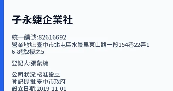 子永緁企業社的照片-統編 82616692(臺中市) 公司登記資料與營業項目詳細圖表