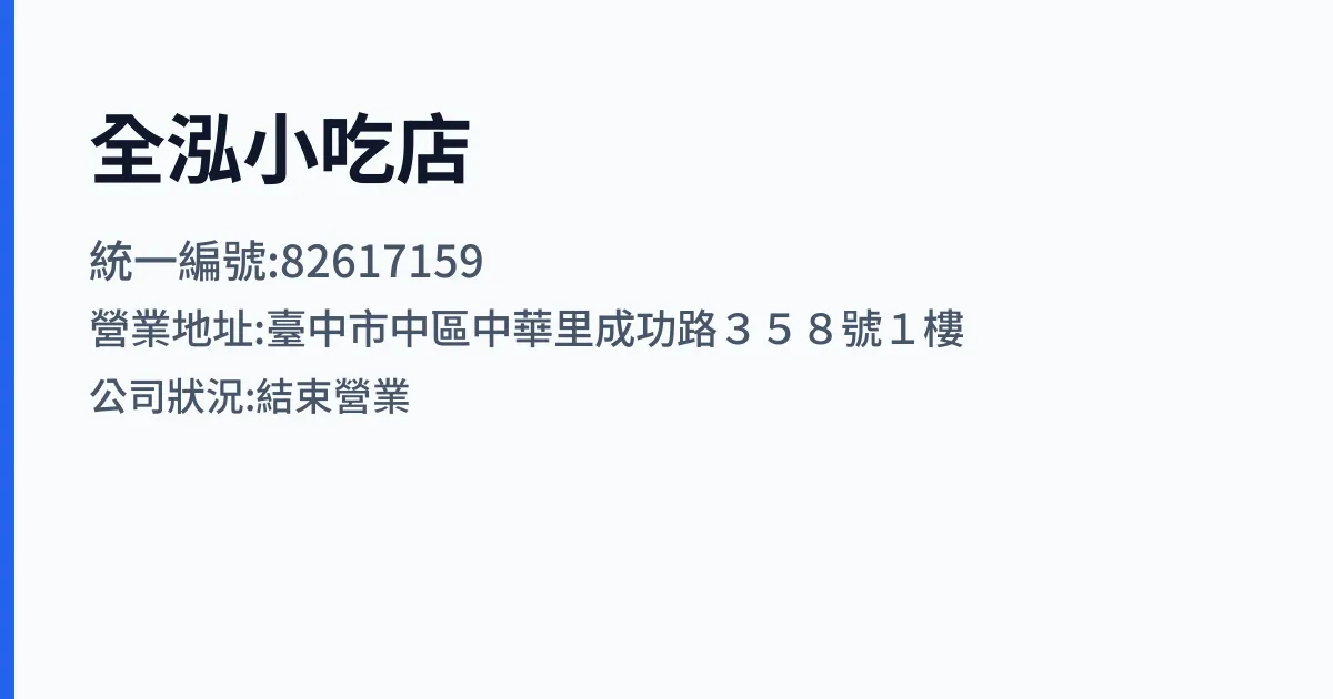 全泓小吃店 - 統編 82617159(臺中市) 公司登記資料與營業項目詳細圖表