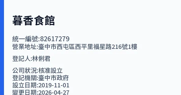 暮香食館的照片-統編 82617279(臺中市) 公司登記資料與營業項目詳細圖表