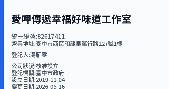 愛呷傳遞幸福好味道工作室的照片-統編 82617411(臺中市) 公司登記資料與營業項目詳細圖表