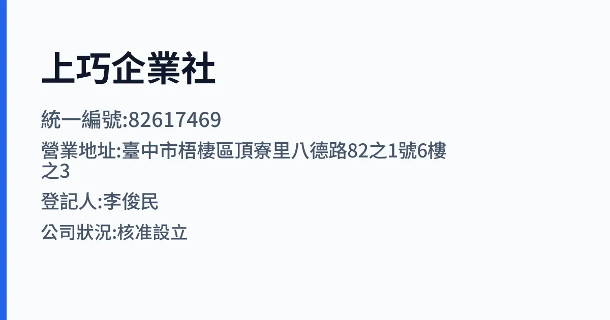 上巧企業社 - 統編 82617469(臺中市) 公司登記資料與營業項目詳細圖表