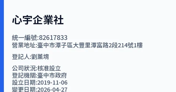心宇企業社的照片-統編 82617833(臺中市) 公司登記資料與營業項目詳細圖表