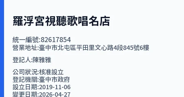 羅浮宮視聽歌唱名店的照片-統編 82617854(臺中市) 公司登記資料與營業項目詳細圖表