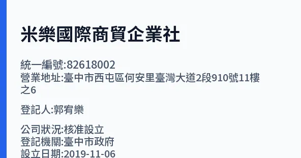 米樂國際商貿企業社的照片-統編 82618002(臺中市) 公司登記資料與營業項目詳細圖表