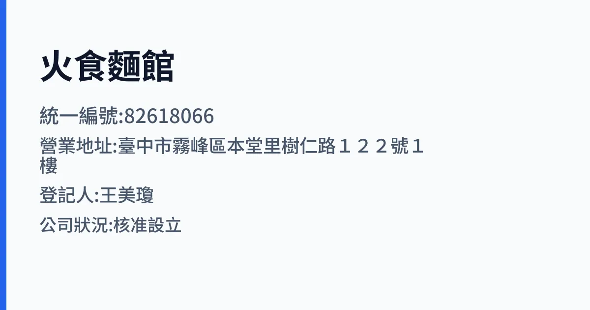 火食麵館 - 統編 82618066(臺中市) 公司登記資料與營業項目詳細圖表