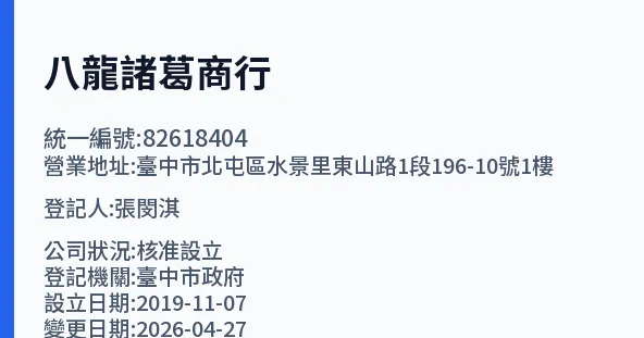 八龍諸葛商行的照片-統編 82618404(臺中市) 公司登記資料與營業項目詳細圖表
