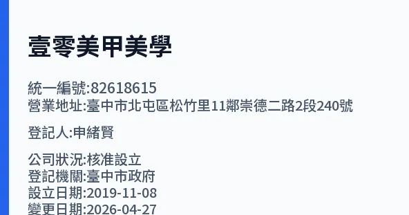 壹零美甲美學的照片-統編 82618615(臺中市) 公司登記資料與營業項目詳細圖表