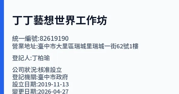 丁丁藝想世界工作坊的照片-統編 82619190(臺中市) 公司登記資料與營業項目詳細圖表
