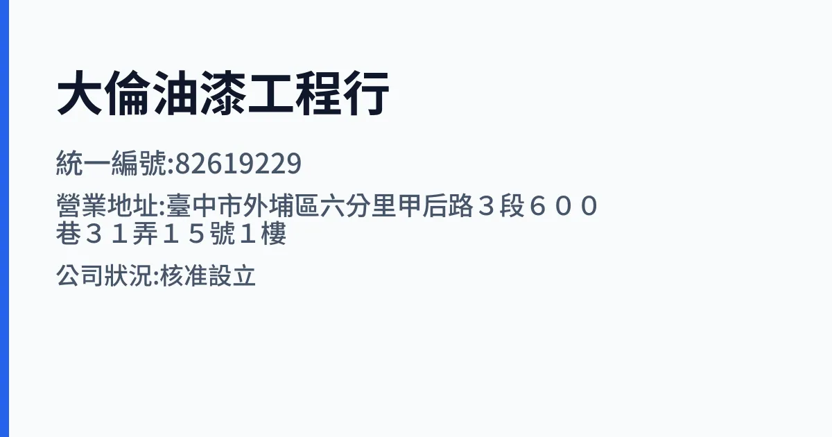 大倫油漆工程行 - 統編 82619229(臺中市) 公司登記資料與營業項目詳細圖表