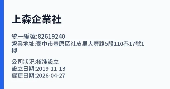 上森企業社的照片-統編 82619240(臺中市) 公司登記資料與營業項目詳細圖表