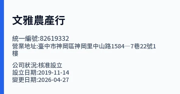 文雅農產行的照片-統編 82619332(臺中市) 公司登記資料與營業項目詳細圖表