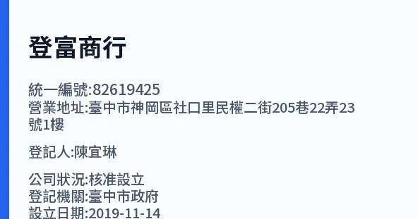 登富商行的照片-統編 82619425(臺中市) 公司登記資料與營業項目詳細圖表