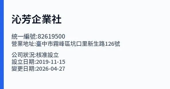 沁芳企業社的照片-統編 82619500(臺中市) 公司登記資料與營業項目詳細圖表