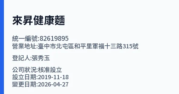 來昇健康麵的照片-統編 82619895(臺中市) 公司登記資料與營業項目詳細圖表