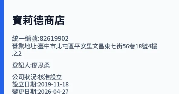 寶莉德商店的照片-統編 82619902(臺中市) 公司登記資料與營業項目詳細圖表