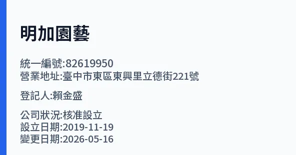 明加園藝的照片-統編 82619950(臺中市) 公司登記資料與營業項目詳細圖表