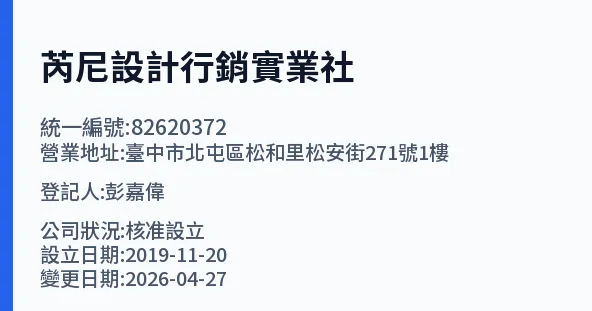 芮尼設計行銷實業社的照片-統編 82620372(臺中市) 公司登記資料與營業項目詳細圖表